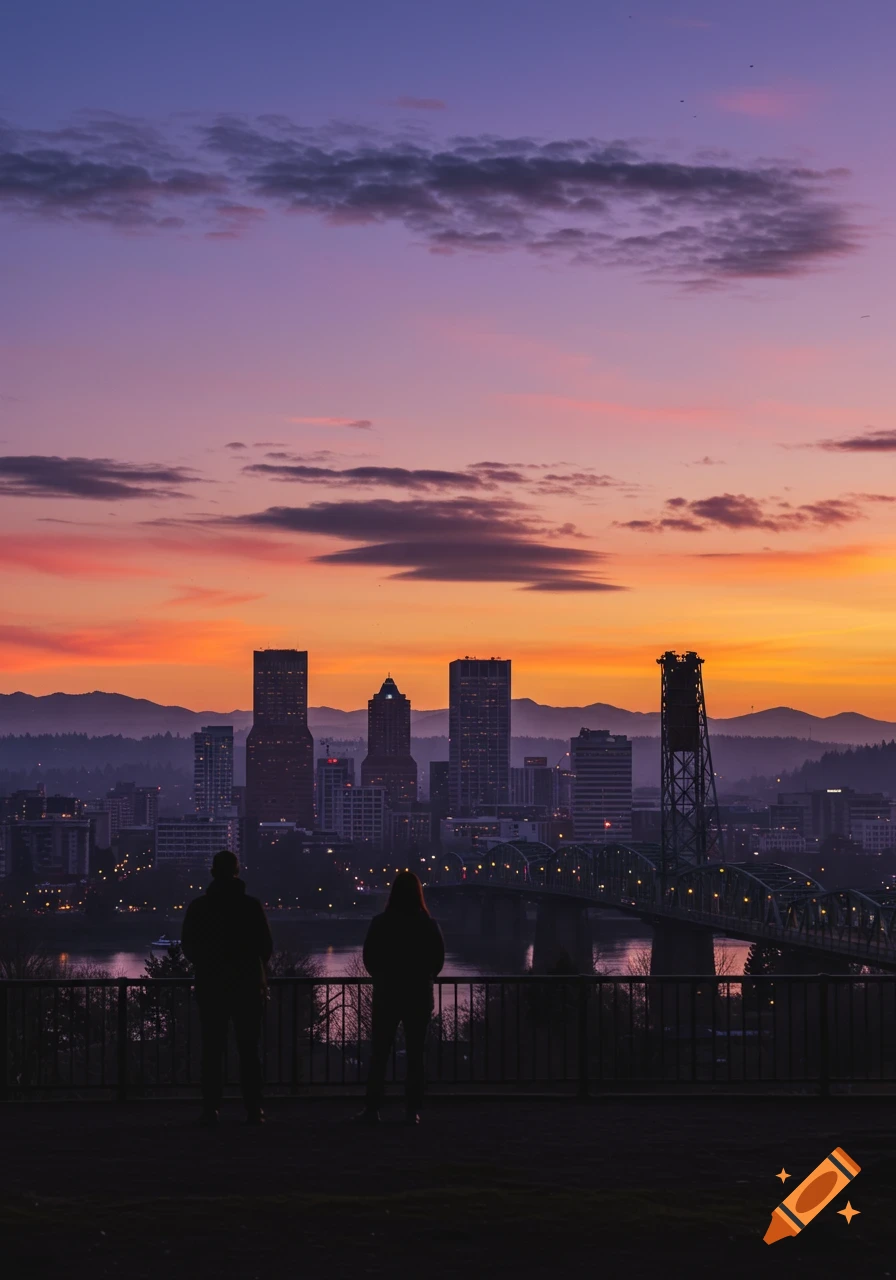 Two silhouetted people overlook the Portland, Oregon skyline at sunset ...