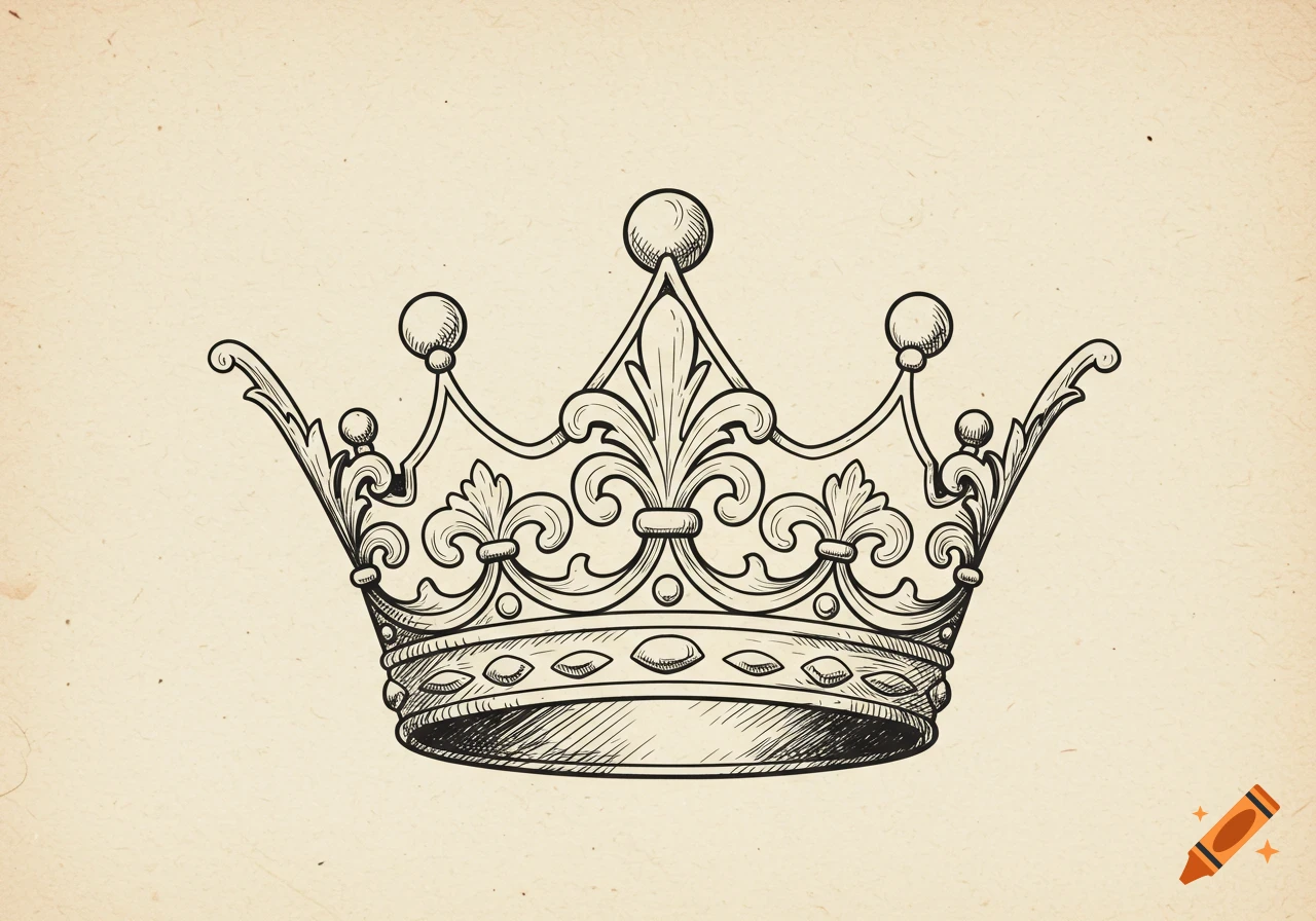 A detailed black line drawing of an ornate crown on a textured, light ...