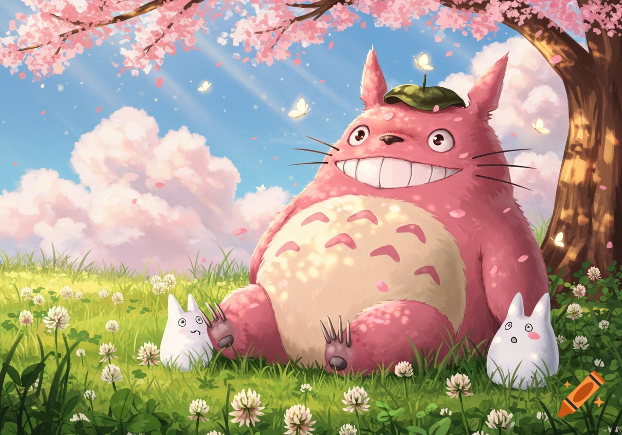 Girl watering flowers with Totoro and friends in a sunny field by the ...