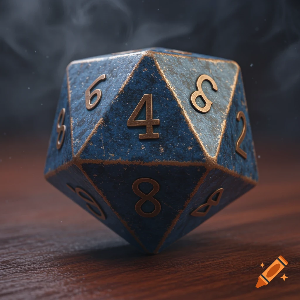 A glowing D20 die nested in a sparkling crescent moon against a ...