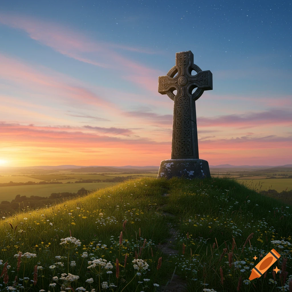 A stone Celtic cross stands atop a grassy hill with wildflowers at ...