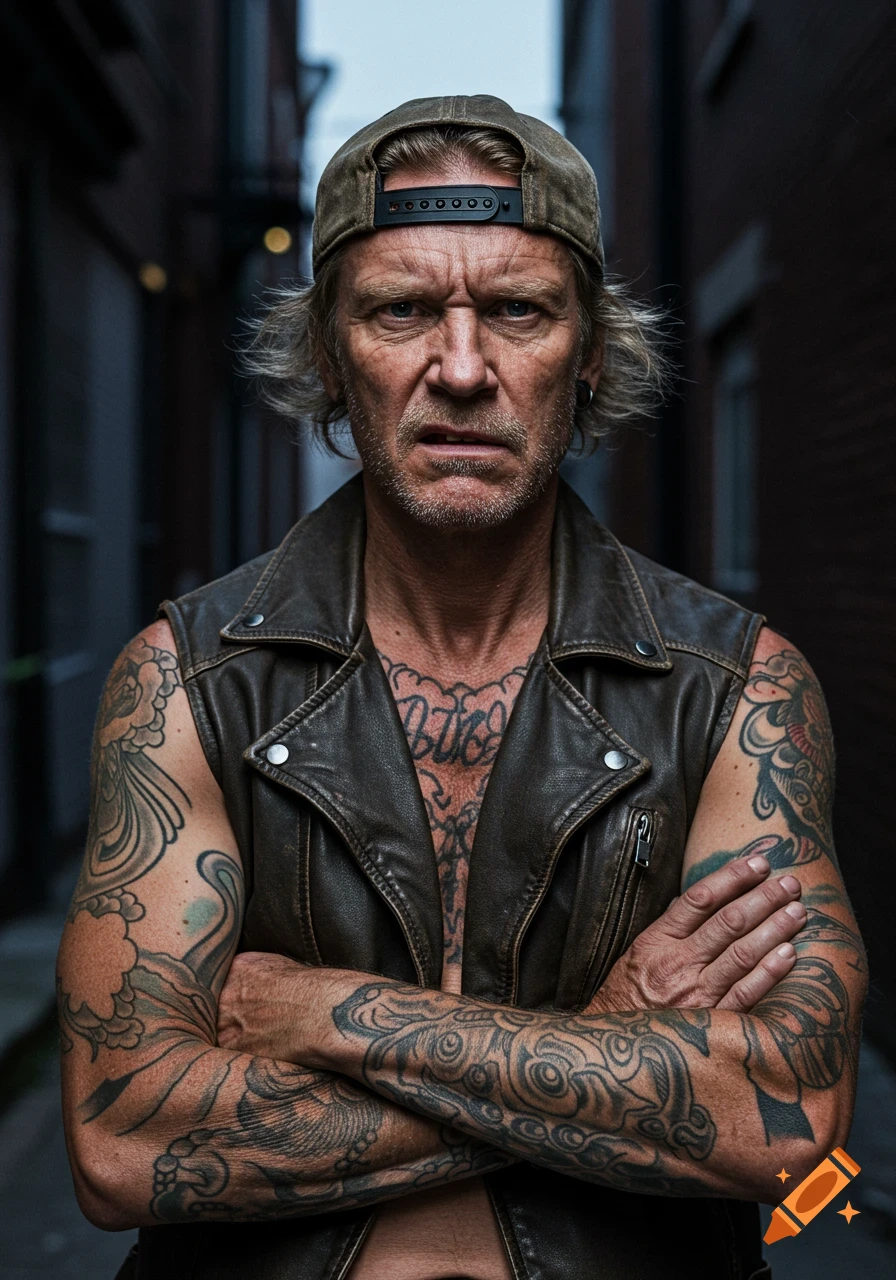 Photorealistic portrait of a scowling, tattooed man in a leather vest ...