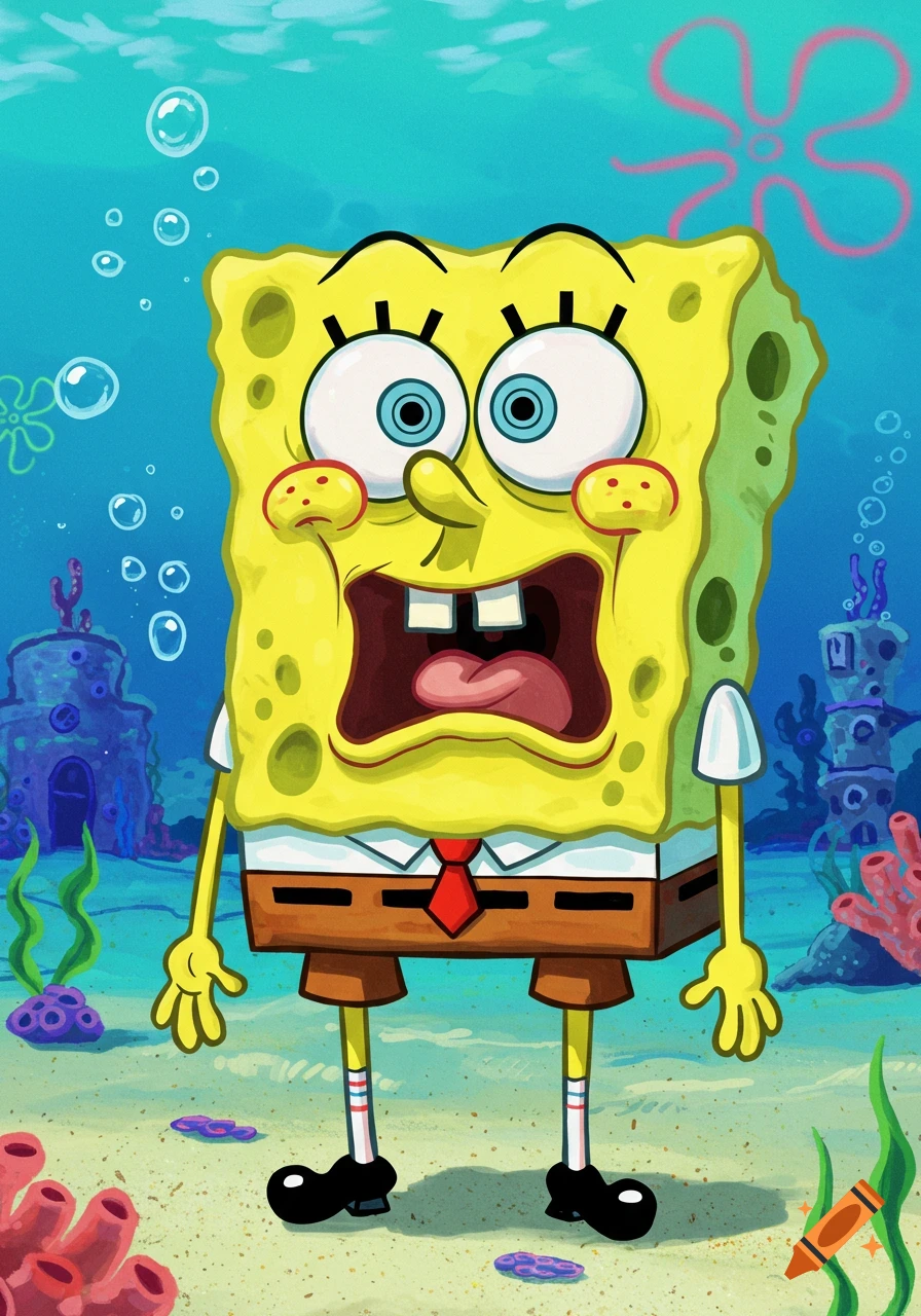 SpongeBob SquarePants with wide eyes and open mouth, appearing surprised or scared, stands ...