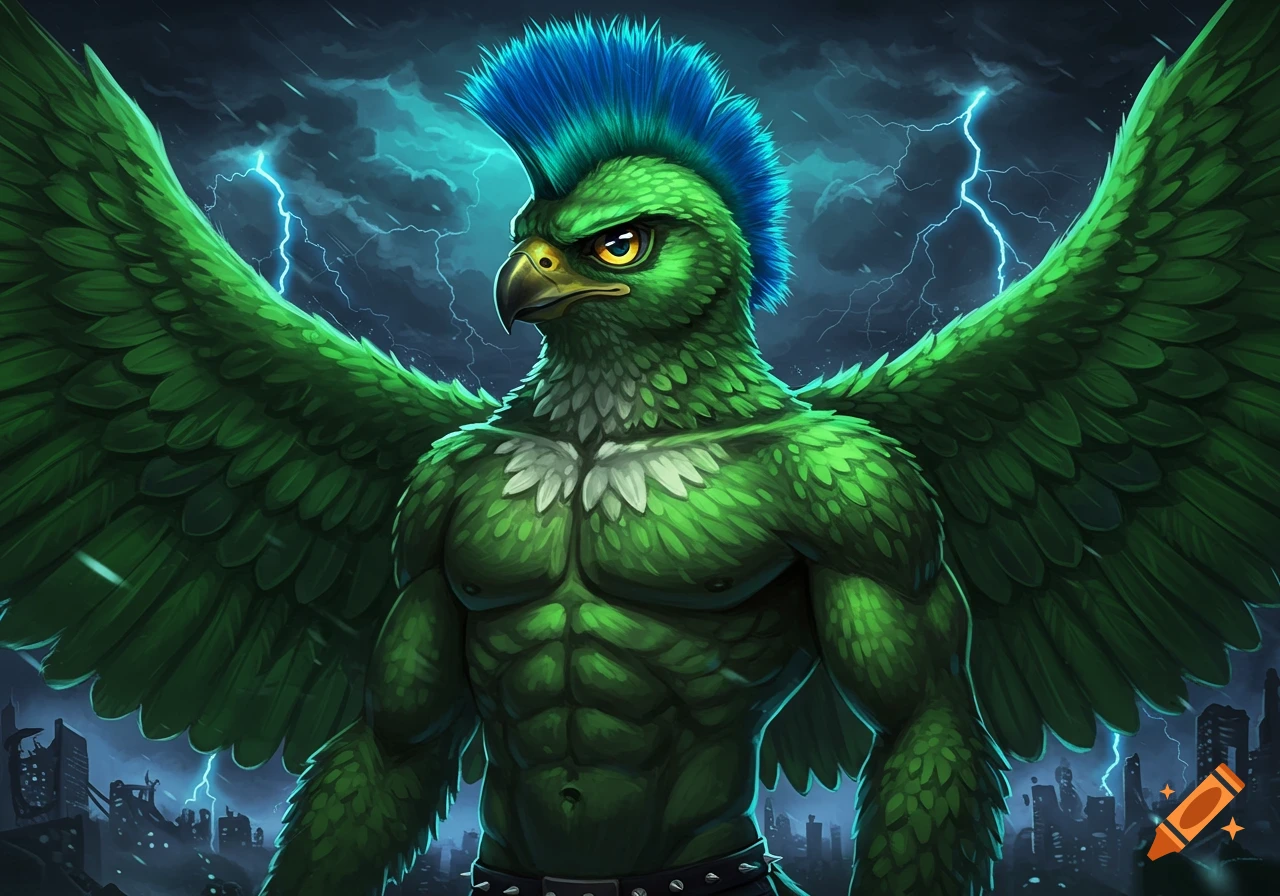 A muscular emerald green humanoid hawk with a blue mohawk stands ...
