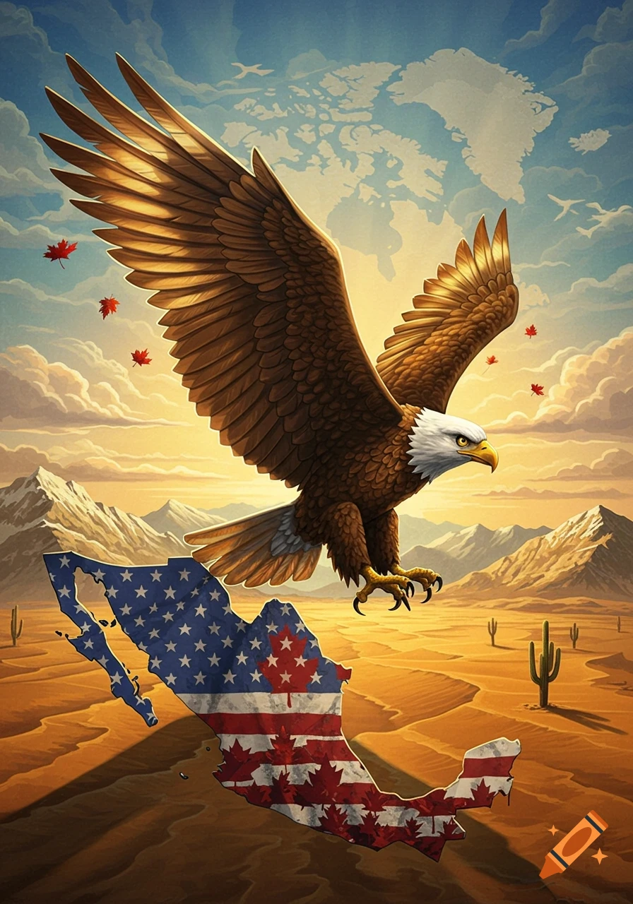 A bald eagle flies over a desert landscape featuring a map of Mexico ...