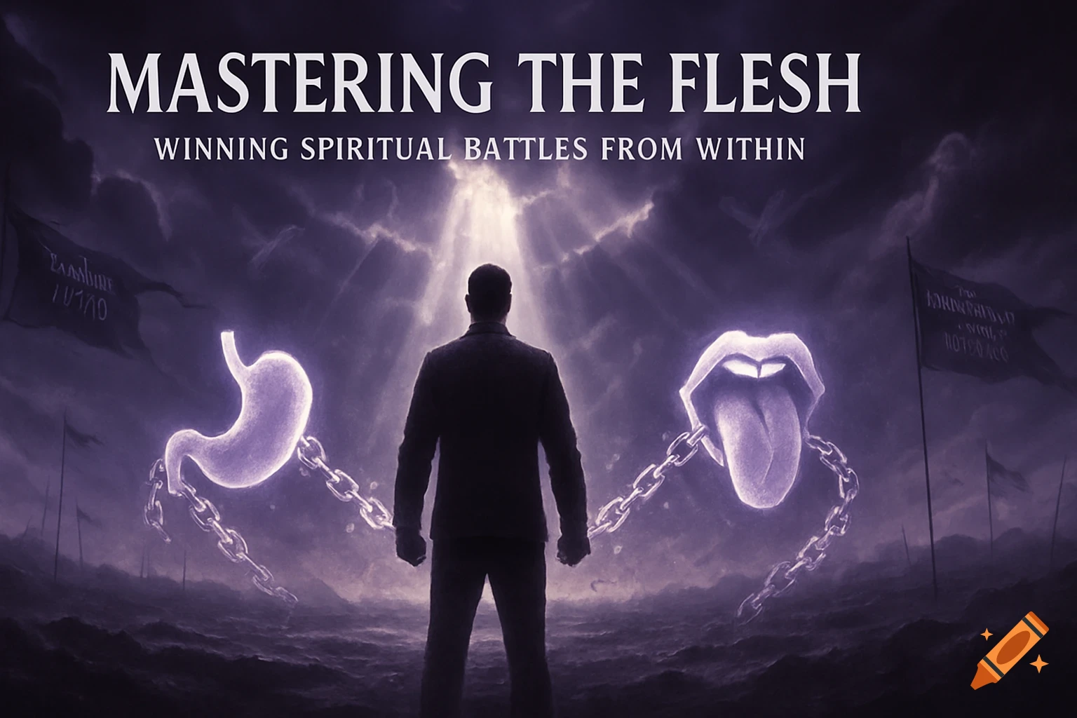 A man stands with his back to the viewer, spiritually chained to a ...