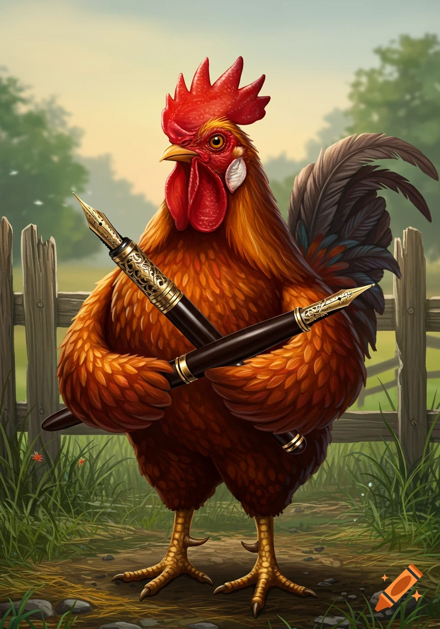 A majestic anthropomorphic rooster holds two ornate fountain pens ...