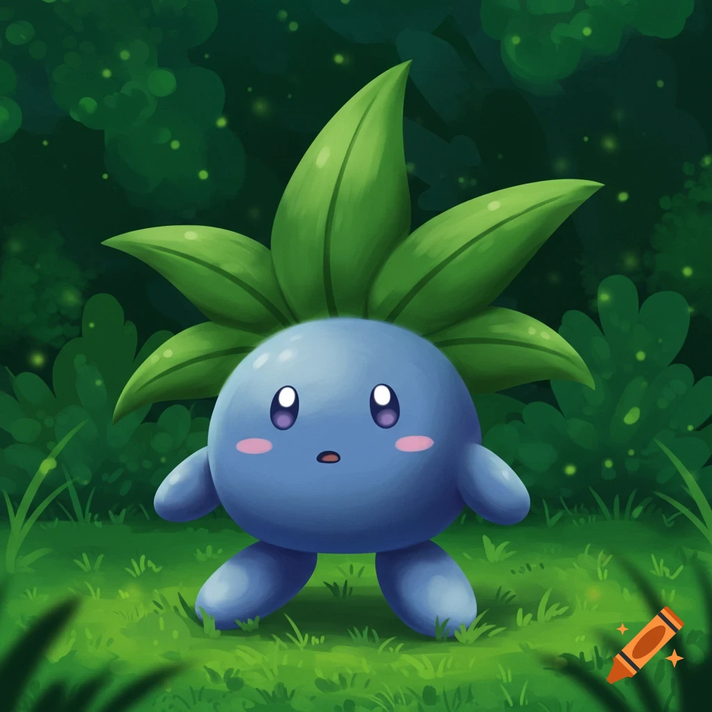 A cute cartoon creature with a cube head, green hair, black line eyes ...