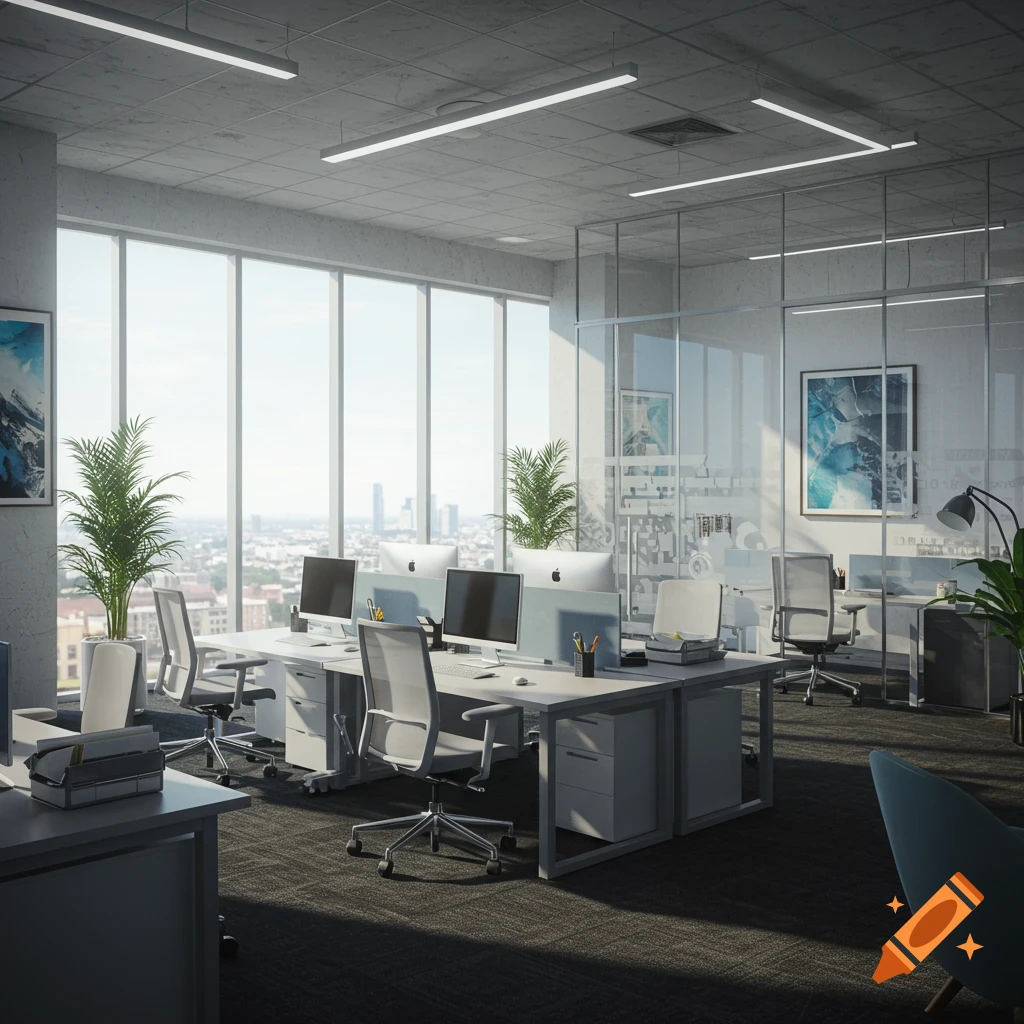 A modern office space with a white desk, chair, and large windows ...