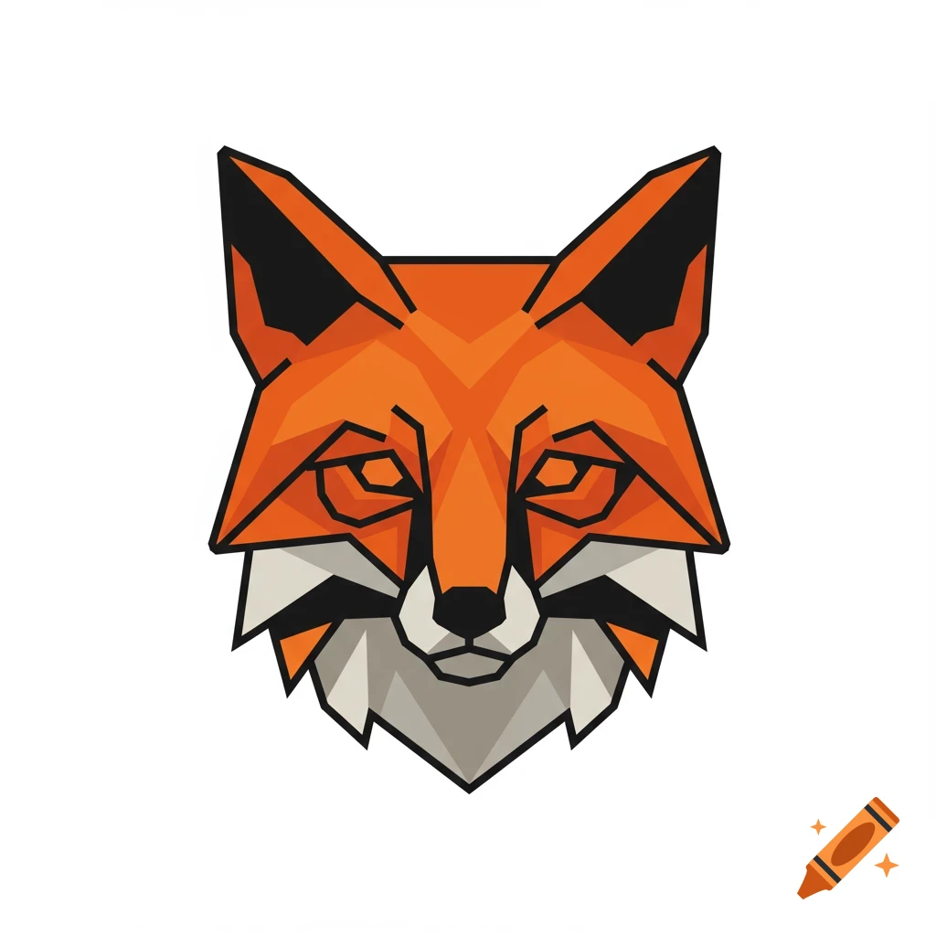 A stylized geometric fox head illustration with orange, black, and ...