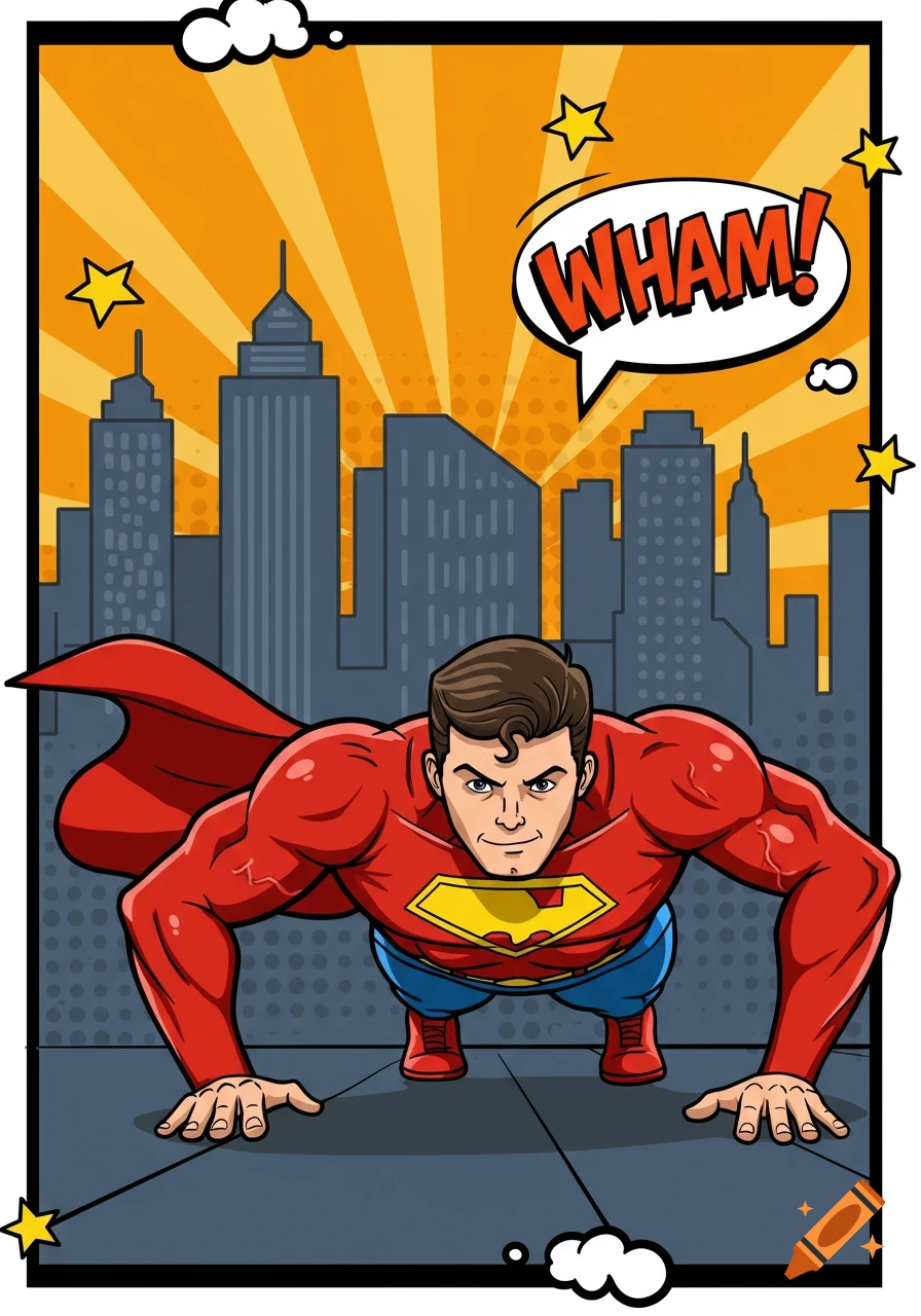 Angry cartoon superhero in a red cape and polka-dot briefs, with 'POW ...