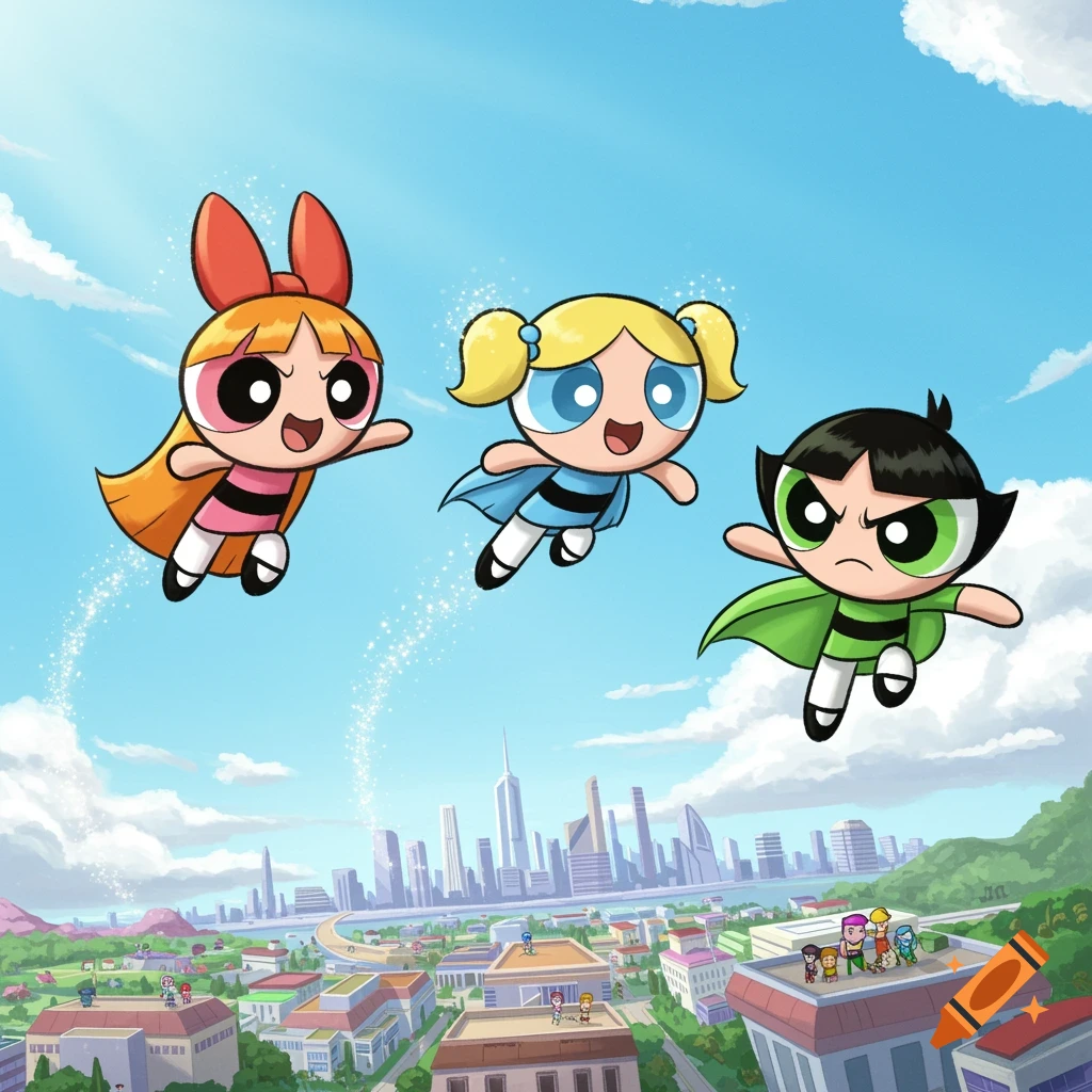 The Powerpuff Girls, Blossom, Bubbles, and Buttercup, fly over a bright city in a cartoon style ...