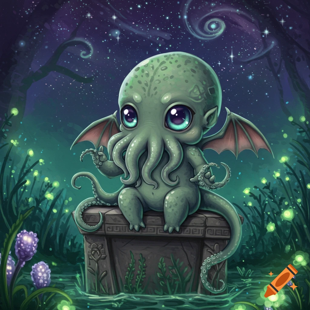 A cute, chibi Cthulhu sits on a stone pedestal in a magical forest at ...