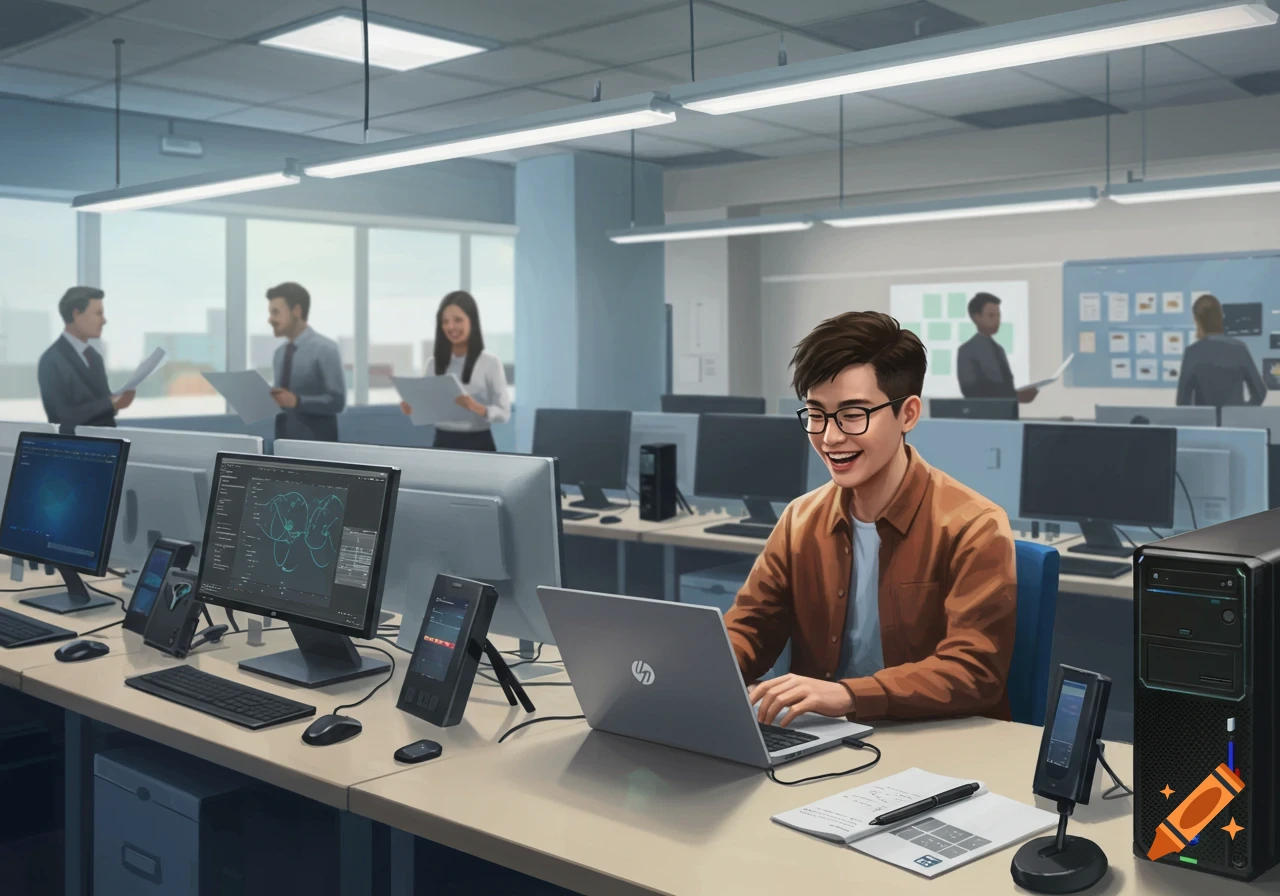 A young man in glasses smiles while working on a laptop in a busy ...