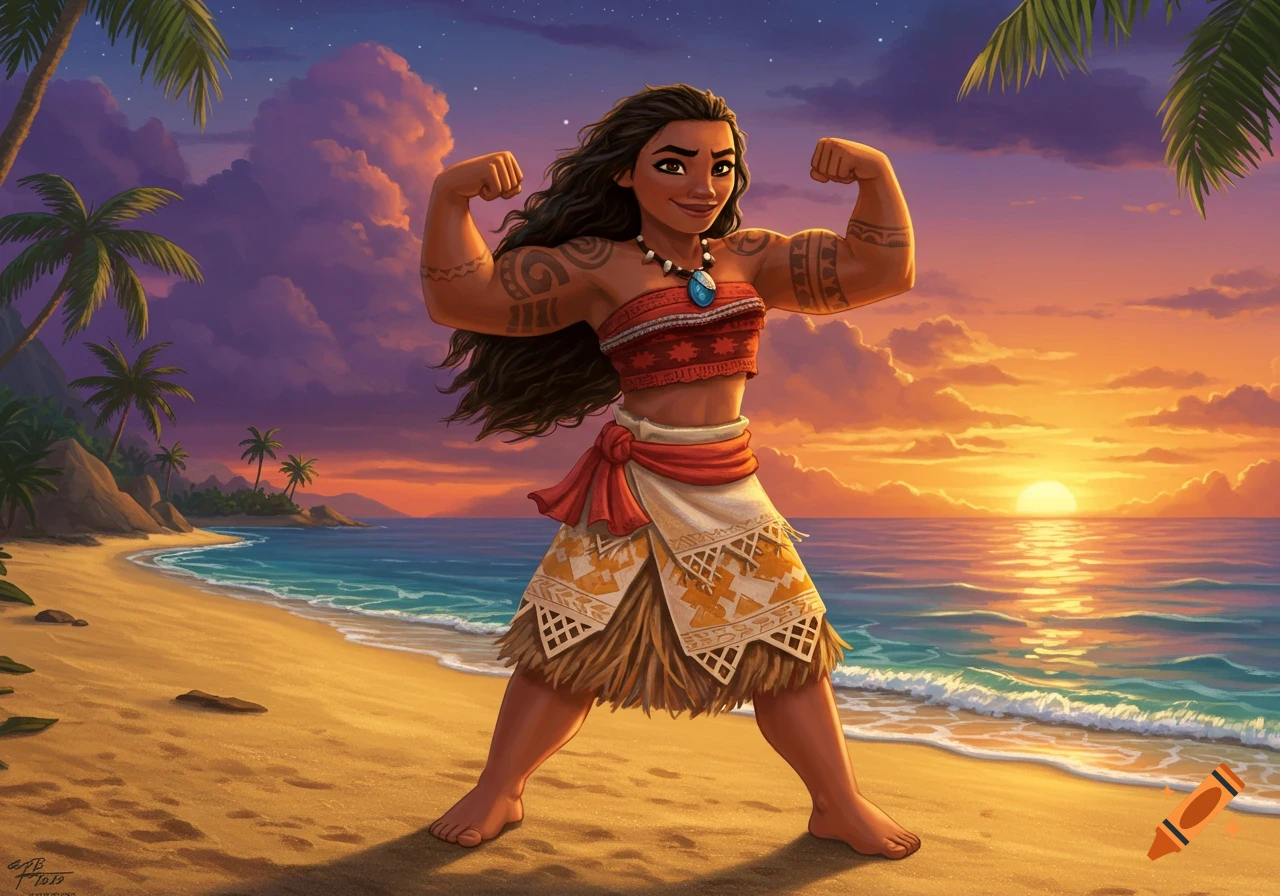 Moana, a muscular cartoon character, flexes her arms on a tropical ...