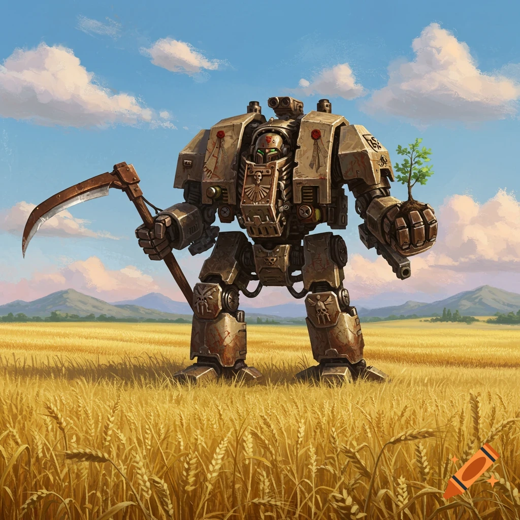 A heavily armored mech or robot made from Stella Artois beer cans ...