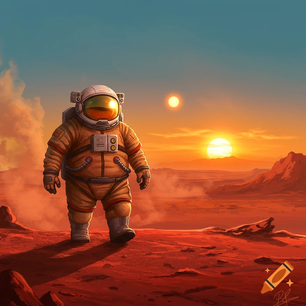 A squad of ginger cats in white and orange spacesuits walks across the ...