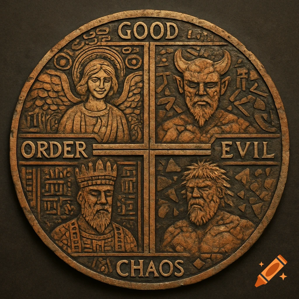 An ancient-looking circular medallion with four quadrants depicting an ...