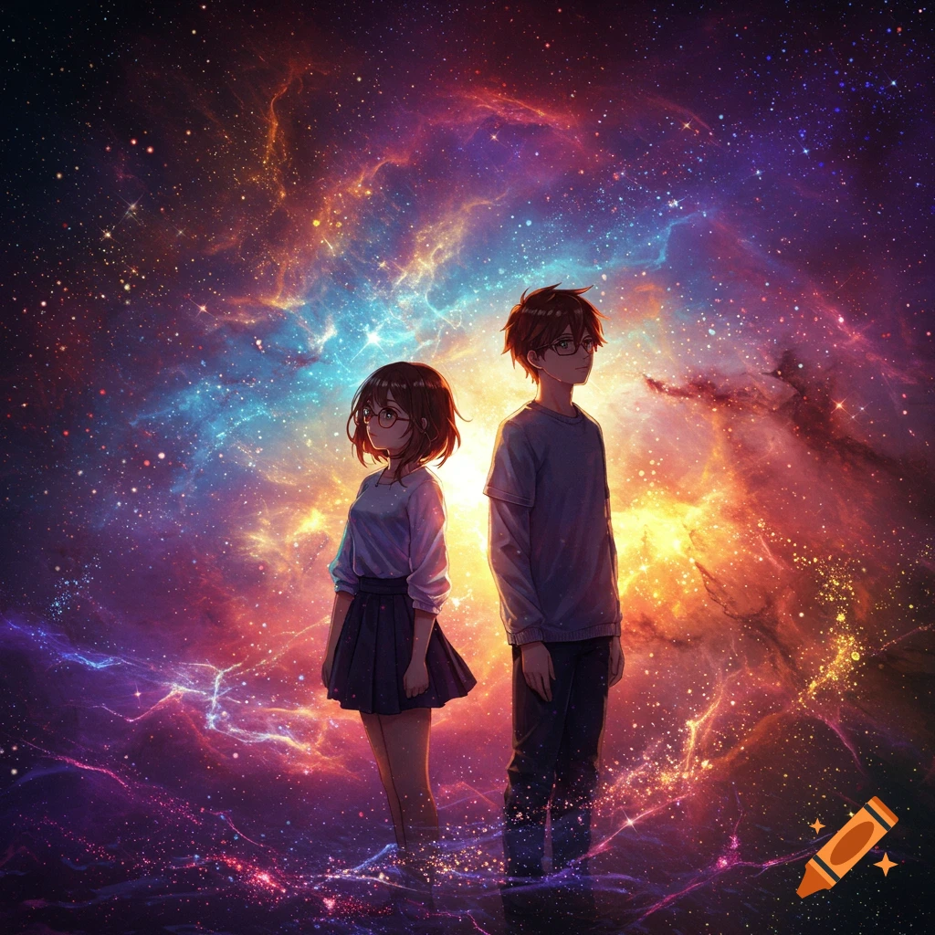 Anime boy and girl with glasses stand in a vibrant nebula with colorful ...