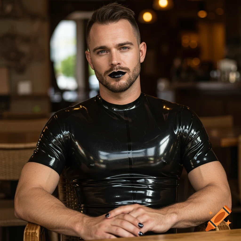 A masculine man with stubble and black lipstick wearing a shiny black ...