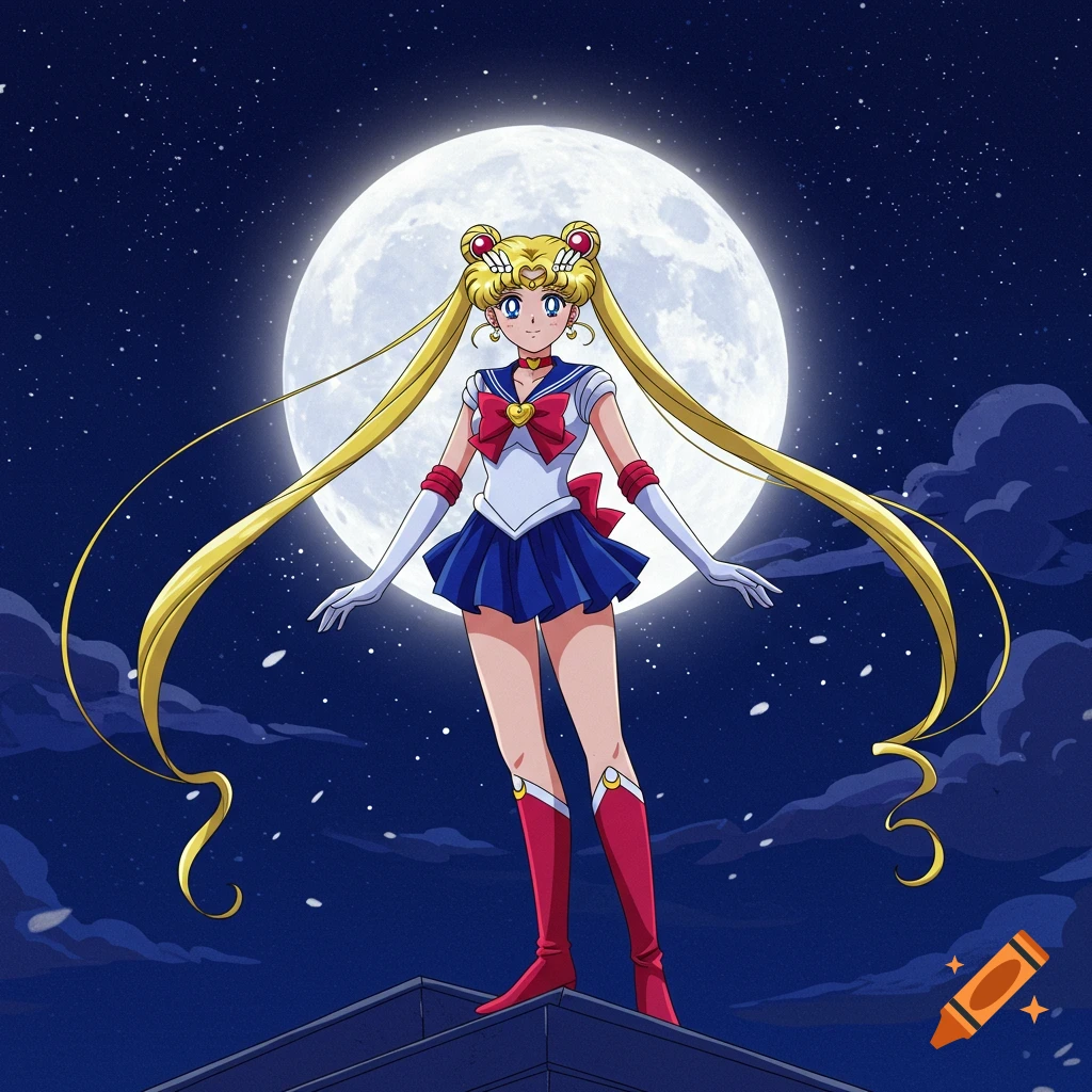 Sailor Moon stands with her staff against a starry night sky with a ...