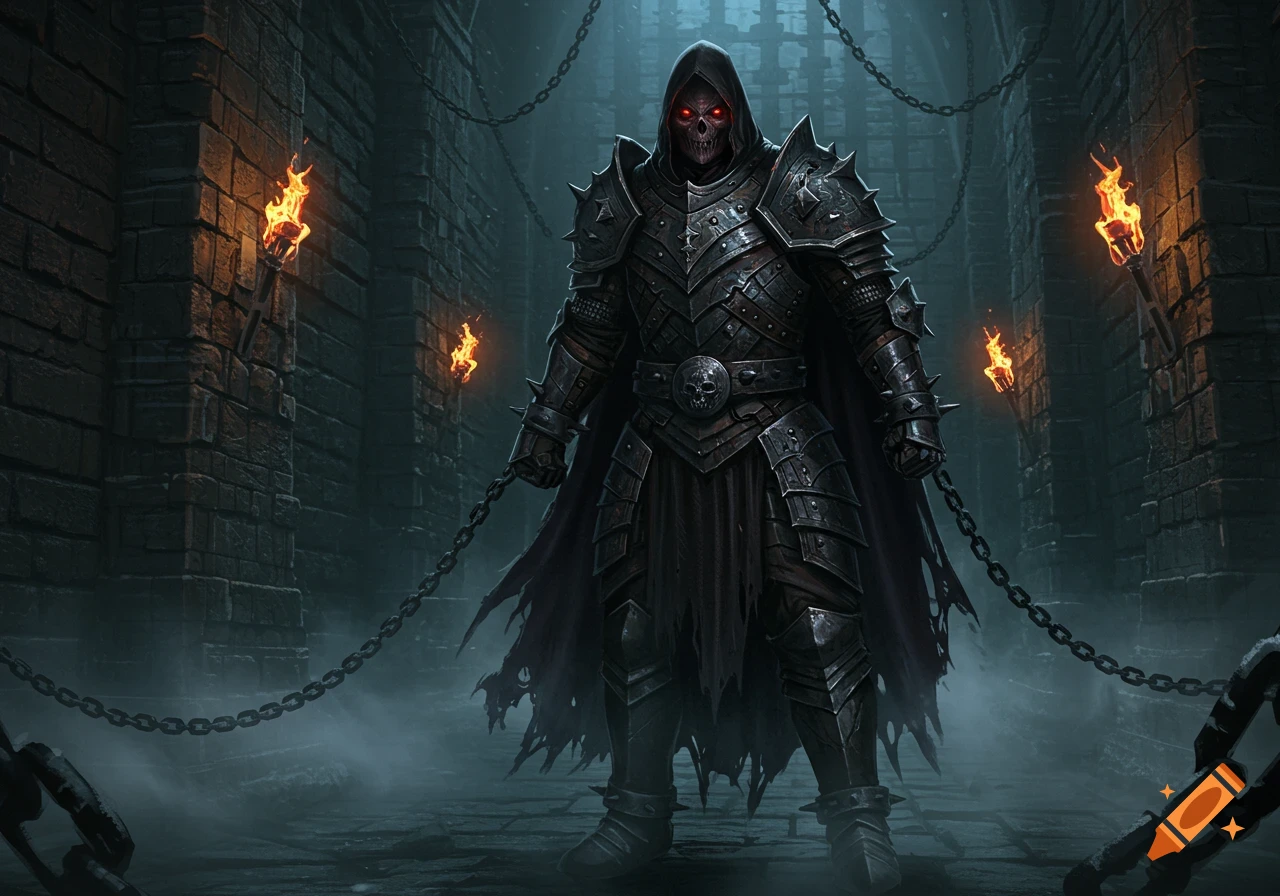 A hooded figure with glowing red eyes and a glowing red crystal staff ...