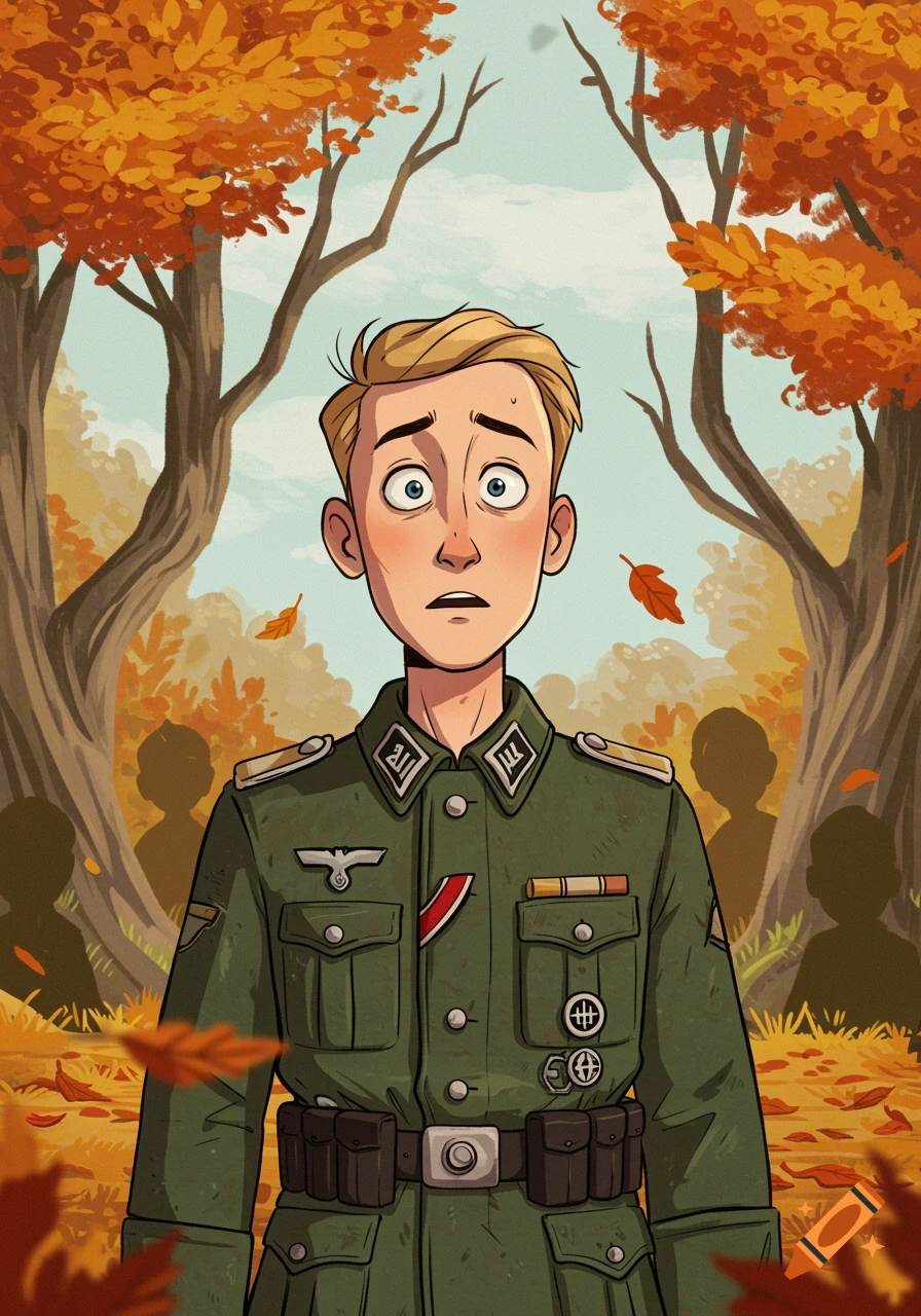 A scared young German soldier in a cartoon style stands in an autumn ...