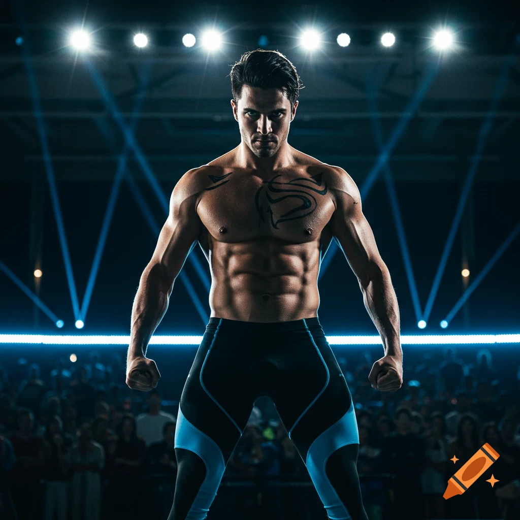 A muscular male bodybuilder in black posing trunks flexes on stage ...