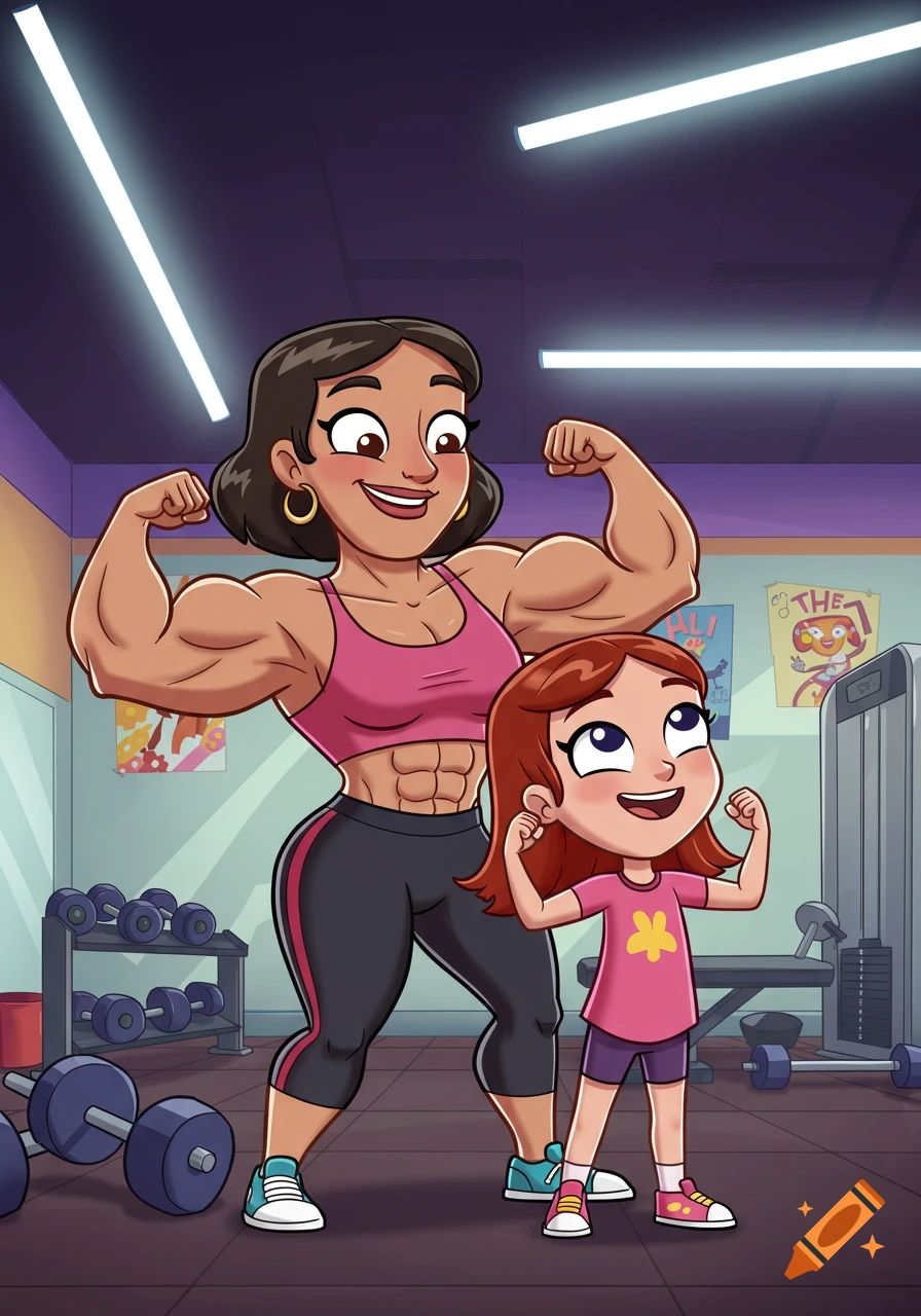 A cartoon mother and daughter, both muscular, flex their biceps in a ...