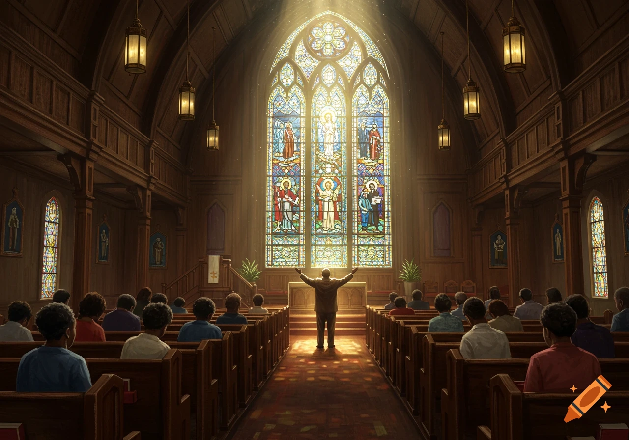 Stained glass art illustration during golden hour by Greg Rutkowski on ...