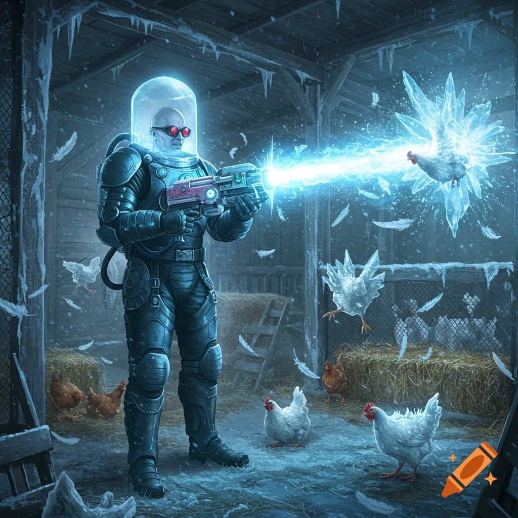 Mr. Freeze in his cryogenic suit uses a freeze ray on chickens in a ...