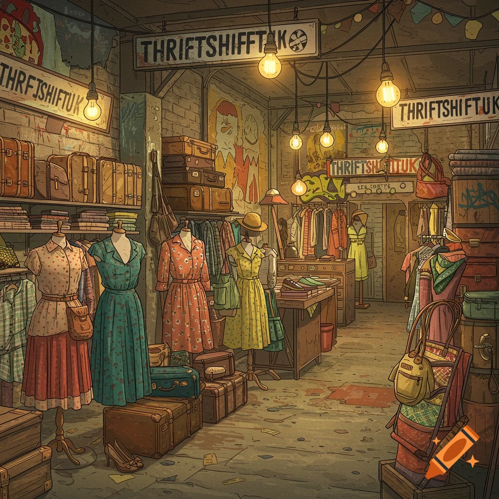 Stylized illustration of a vintage thrift store with mannequins ...