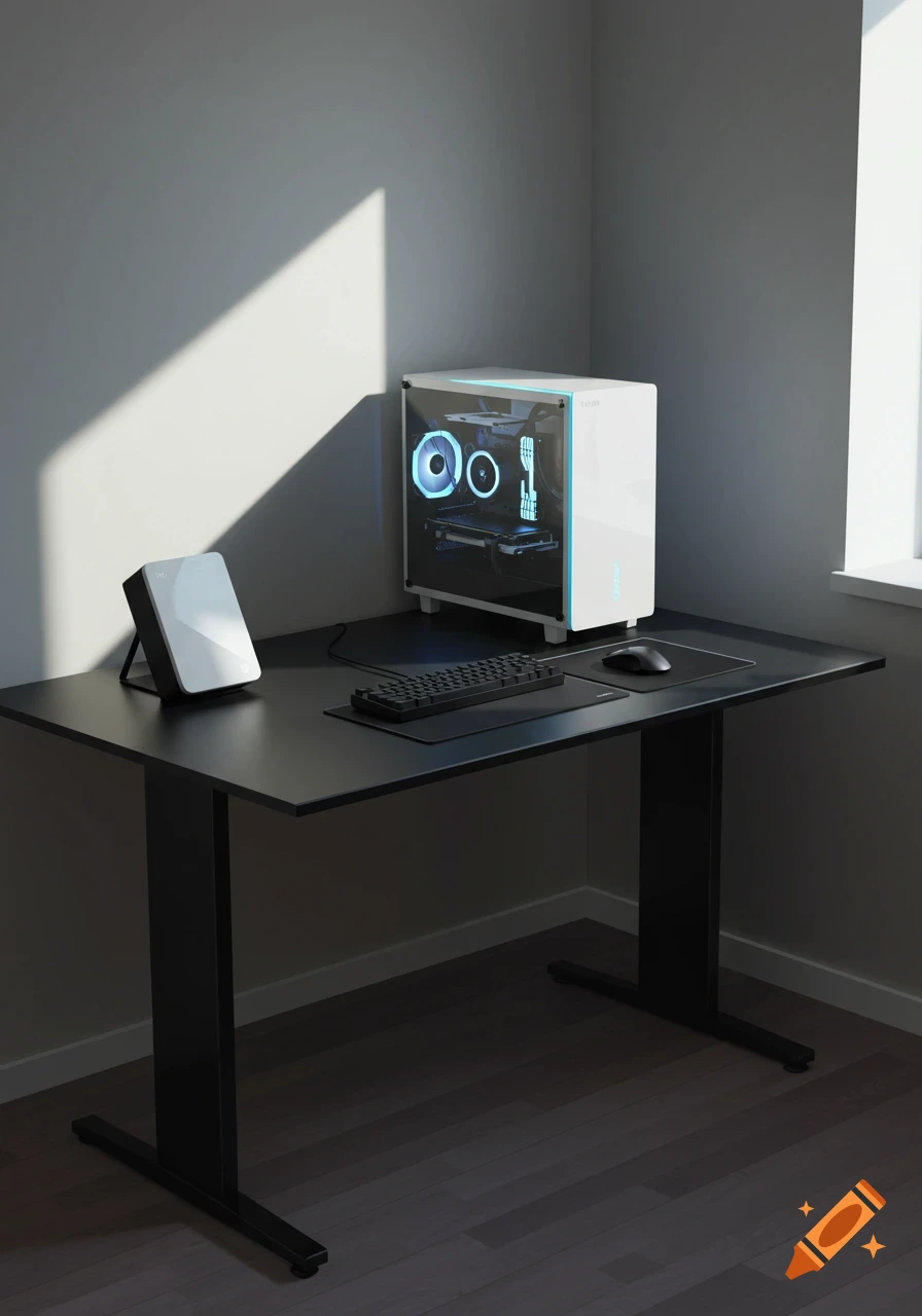 A white gaming PC, black keyboard, and mouse sit on a black desk in the corner of a sunlit room ...