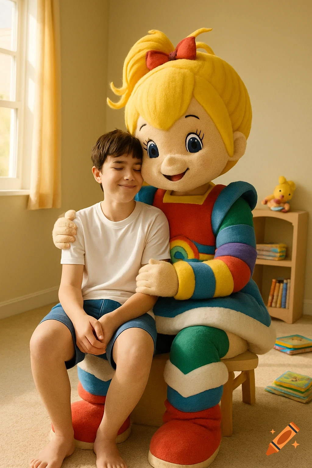 A young boy with closed eyes smiles as he is embraced by a colorful Rainbow Brite mascot in a ...