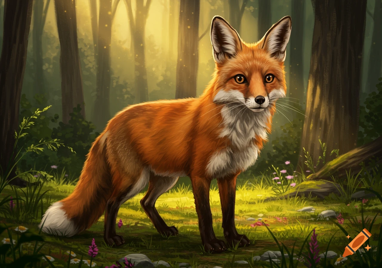 A red fox stands in a misty field with tall grasses and red flowers at ...