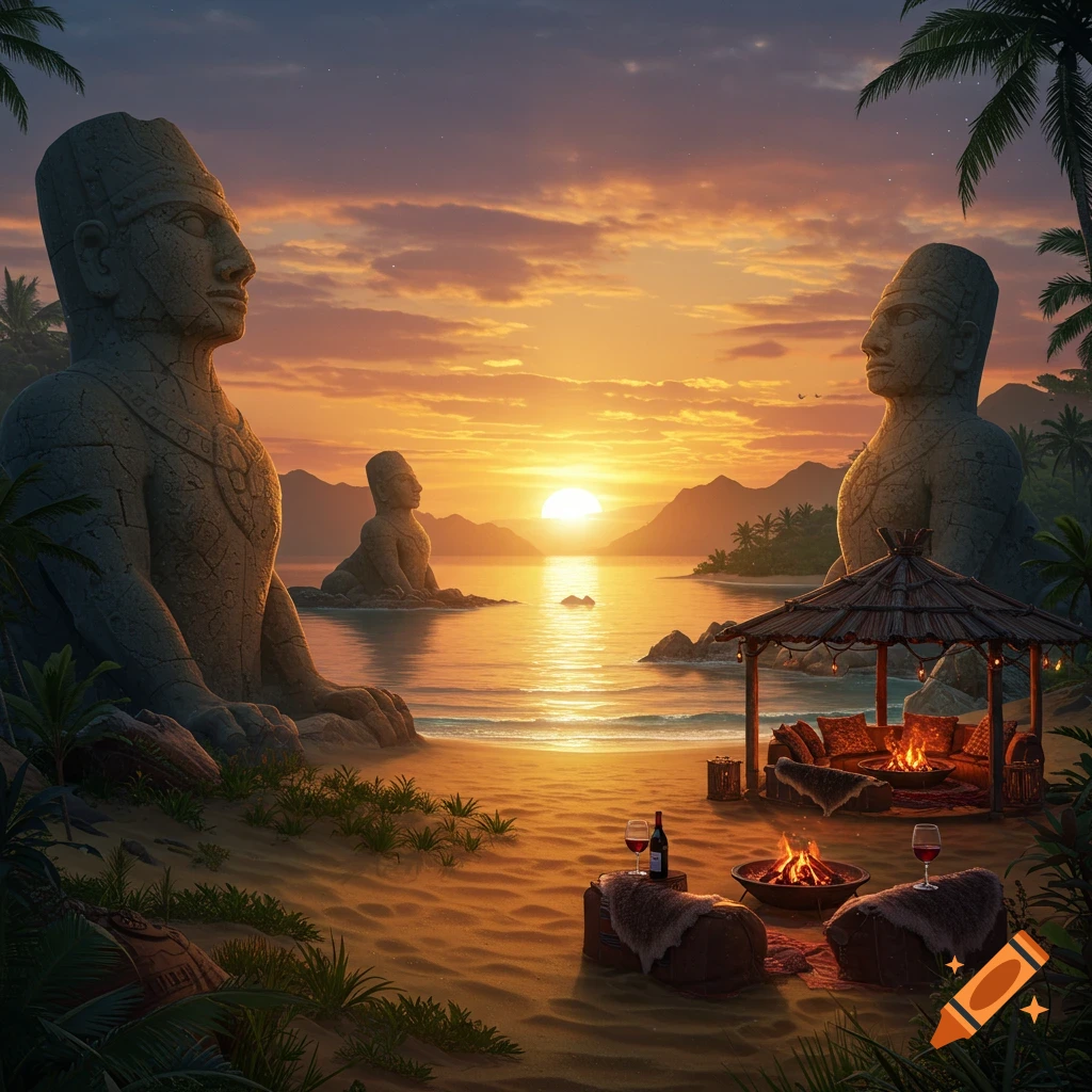A serene fantasy beach sunset with colossal stone statues, a cozy ...