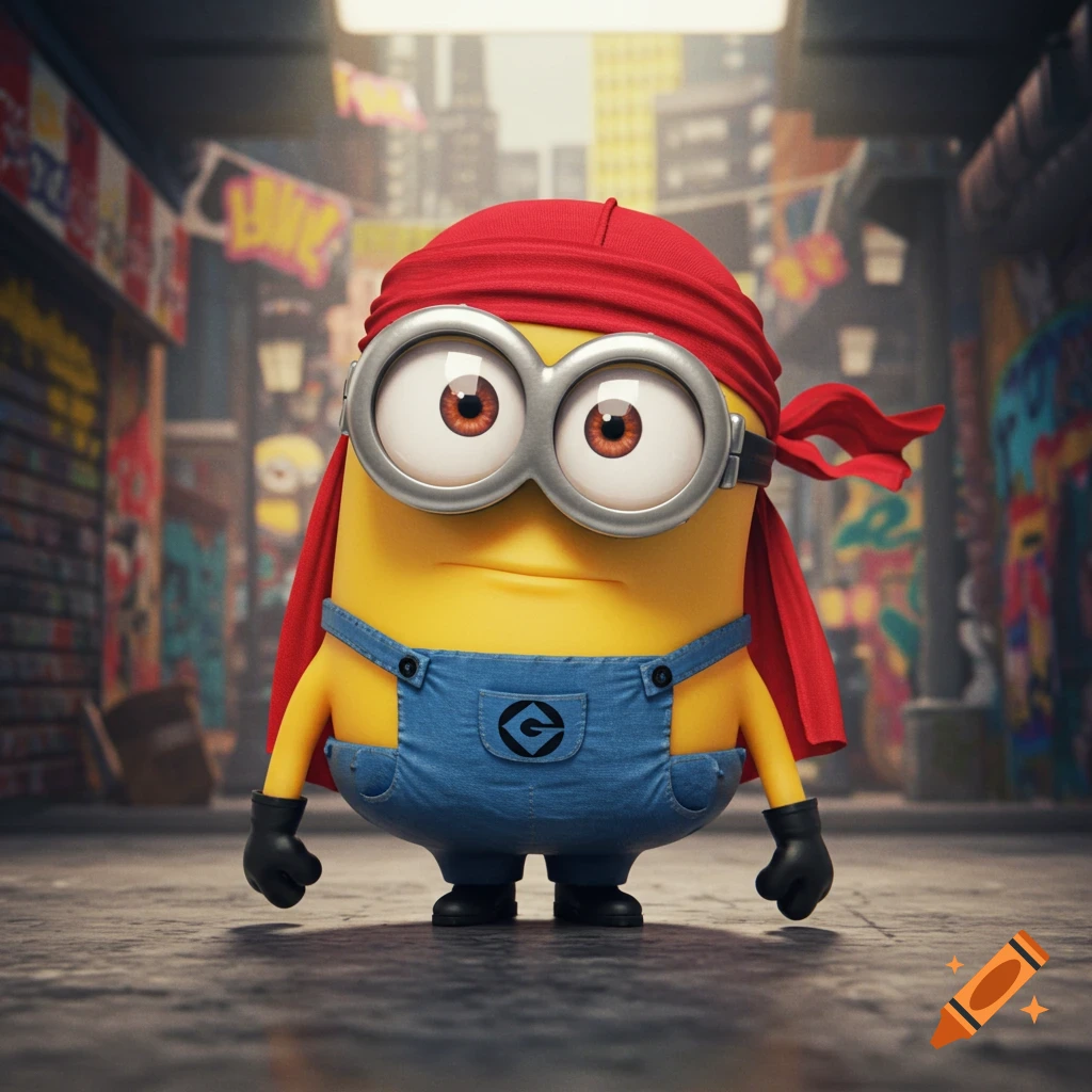 A Minion in a yellow dress rides a glowing hoverboard down a neon-lit ...