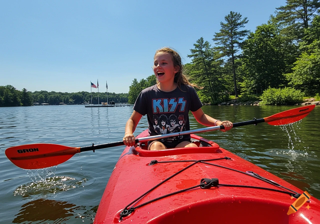 A smiling girl in a red kayak paddles on a sunny lake, wearing a KISS t ...