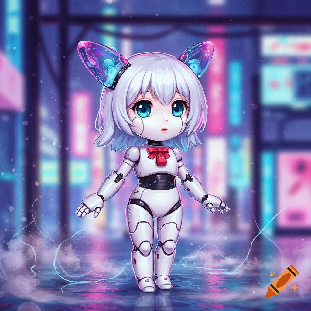 A chibi robot girl with white hair, blue eyes, a red bow tie, and ...