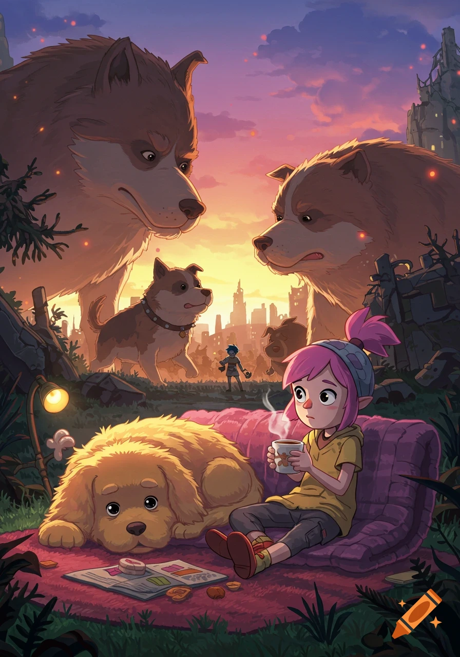 A cartoon girl sips coffee next to a fluffy golden retriever, while ...