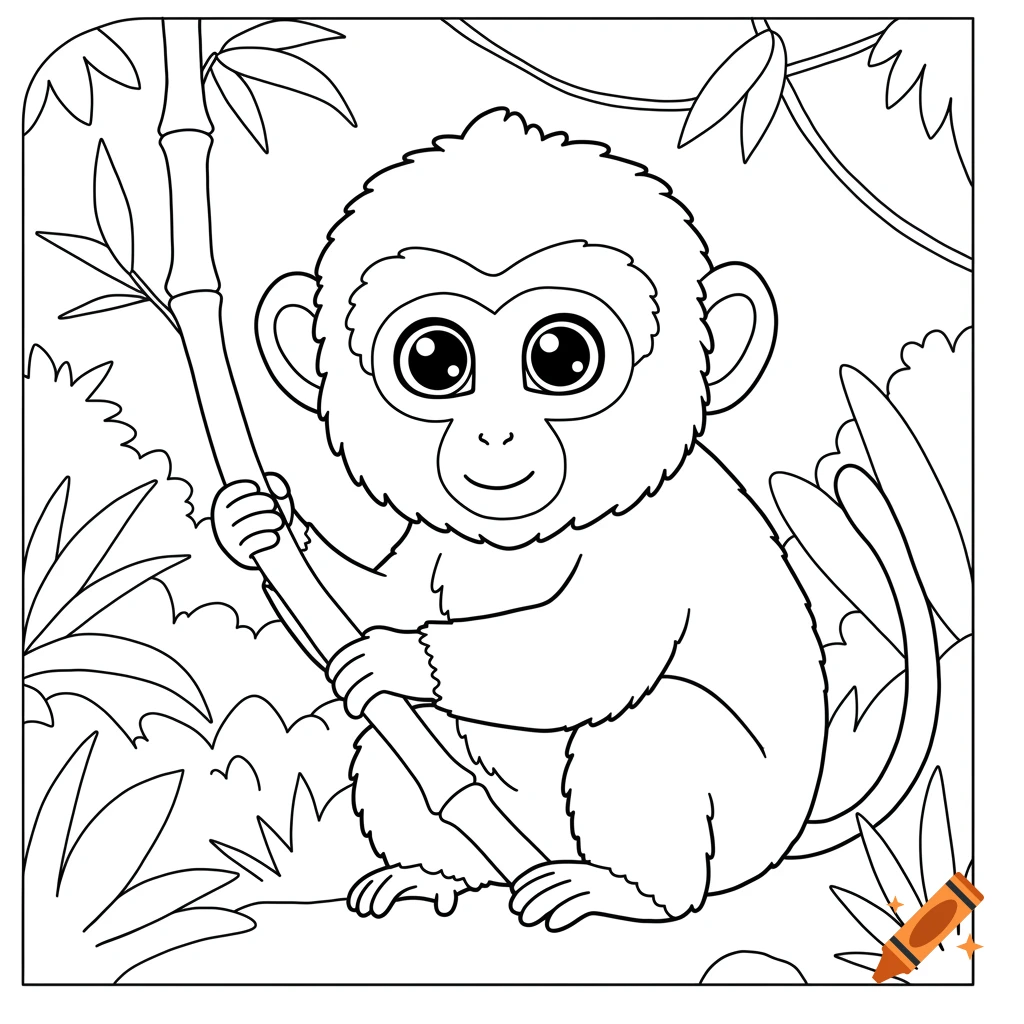 Black and white line drawing of a cute cartoon monkey holding a bamboo ...