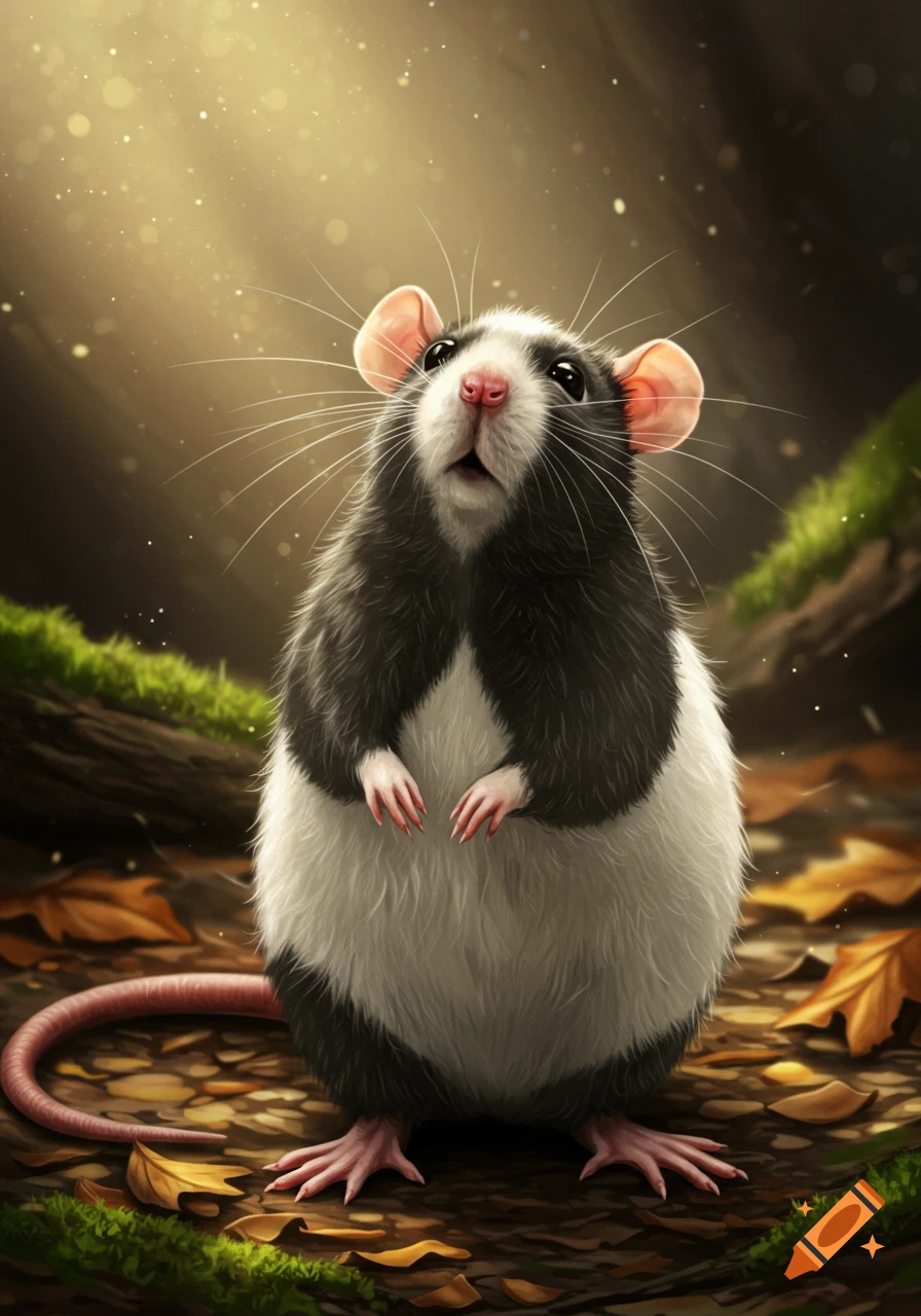 A cute black and white rat stands upright in a forest, looking up into ...