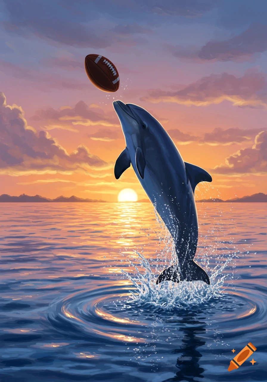 A dolphin leaps from the ocean at sunset, about to catch a football, in ...