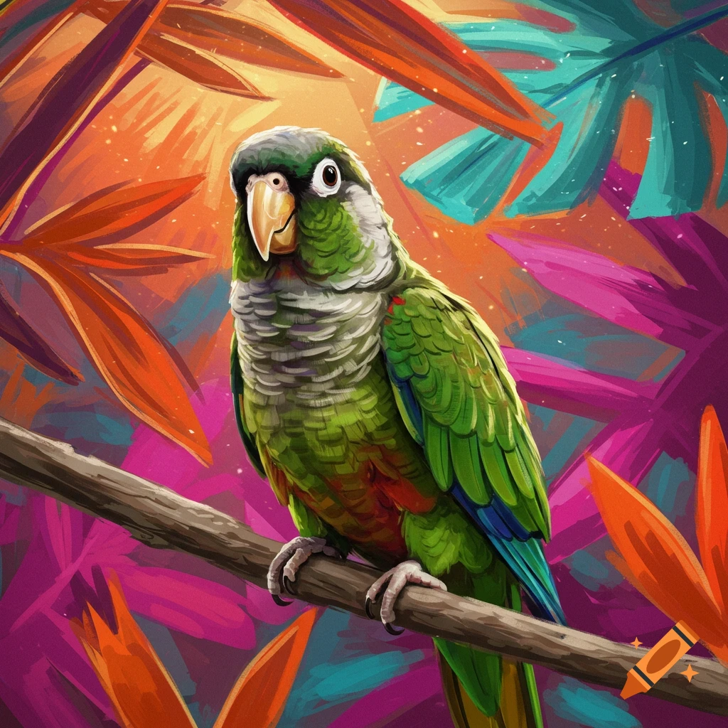 A colorful green cheek conure parrot in a vibrant, painterly jungle setting, rendered in a ...