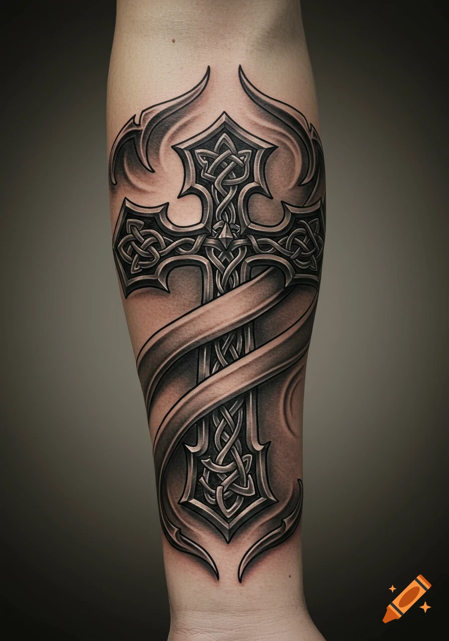 A detailed black and gray Celtic cross tattoo with intricate knotwork ...