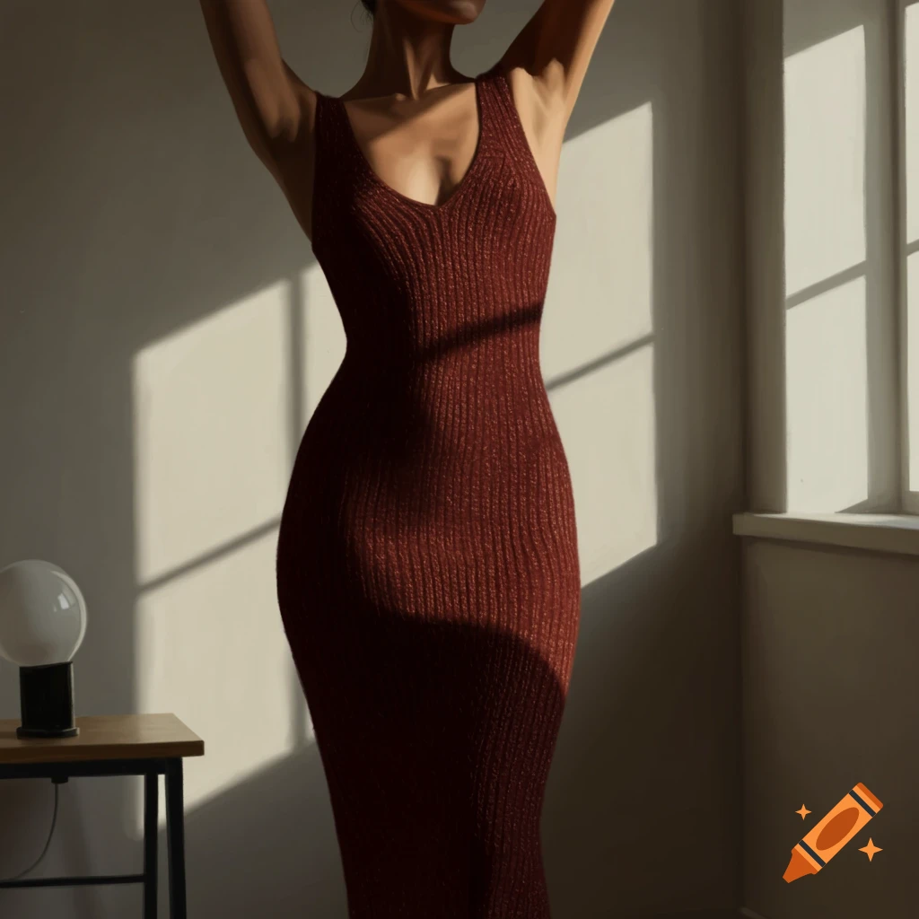 A woman in a form-fitting red ribbed knit dress stands in a sunlit room ...