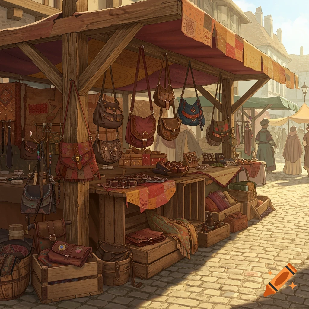 A vibrant, cartoon-style market scene bustling with people and colorful ...