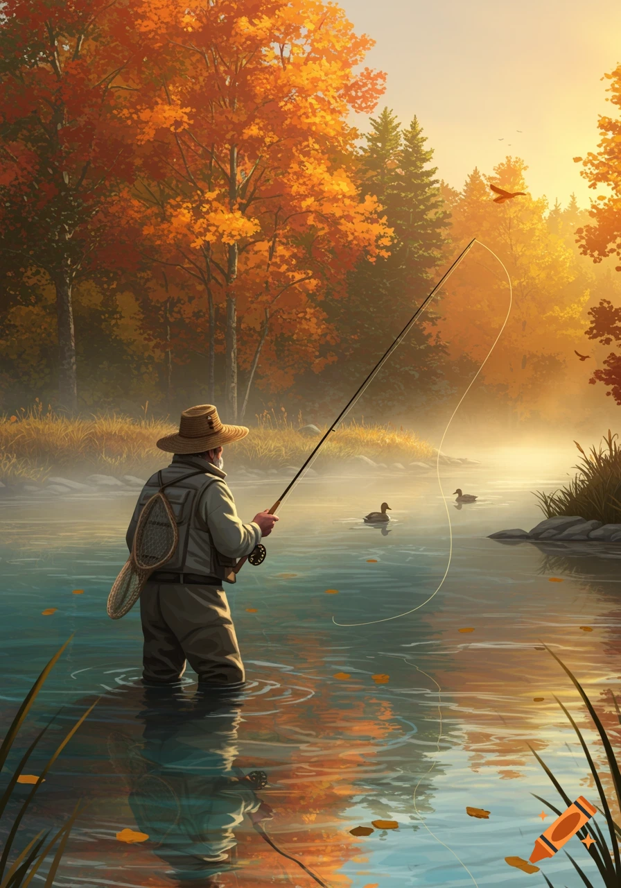 A man in a hat stands in a river, fly-fishing amidst vibrant autumn ...