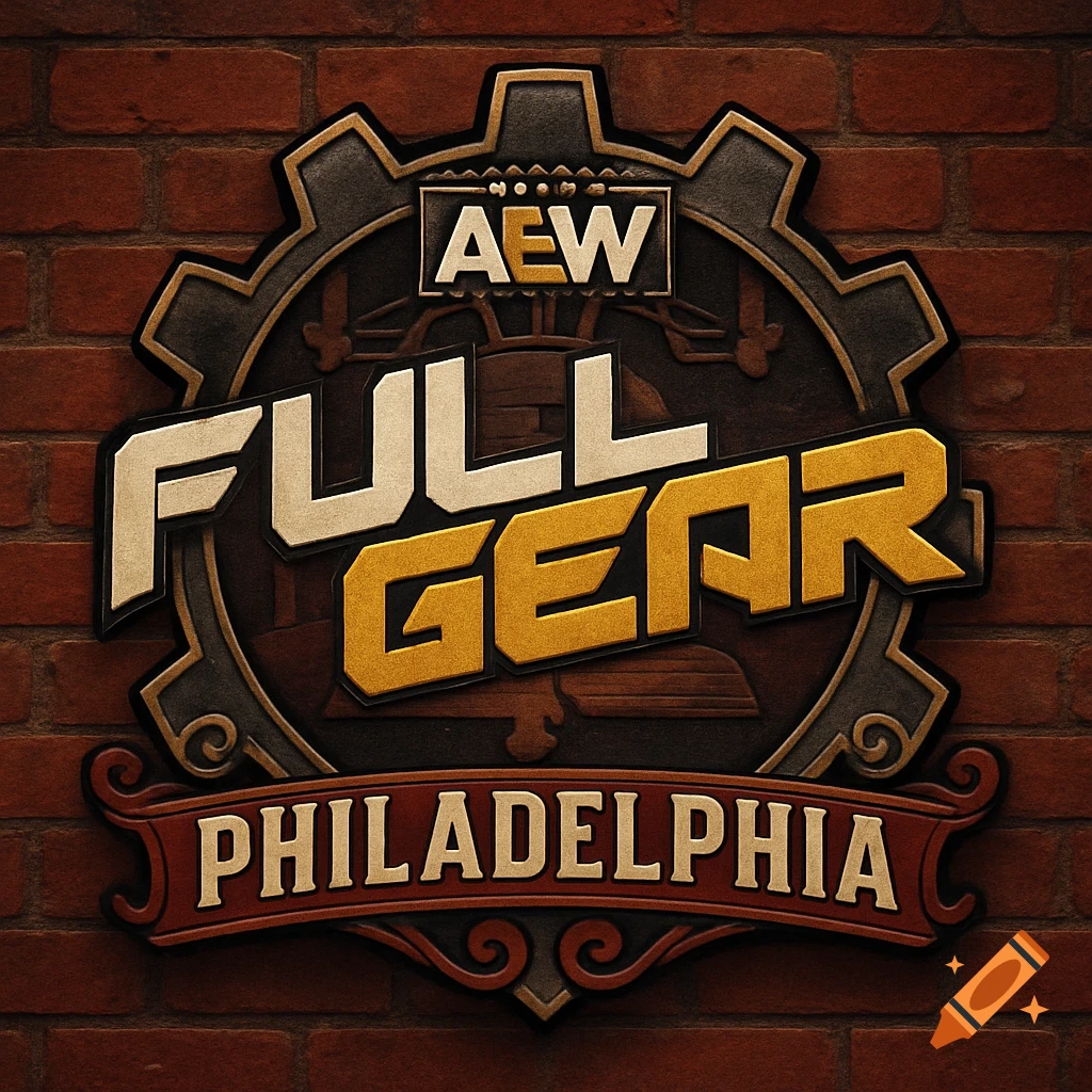 A detailed logo for AEW Full Gear Philadelphia on a brick wall ...
