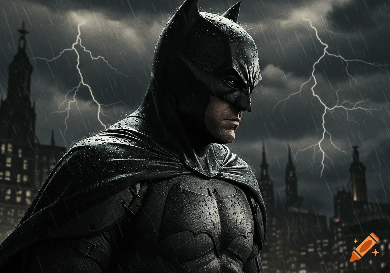Batman in a dark, wet suit stands in the rain with lightning in a ...